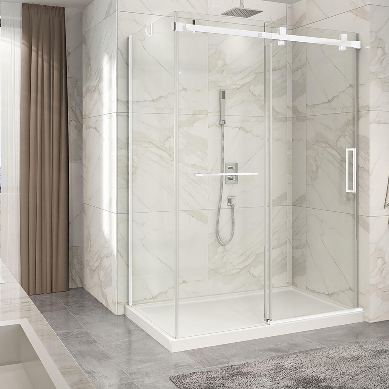 Shower door 60" x 36", in a corner closing on wall, wall on the right, in matte white